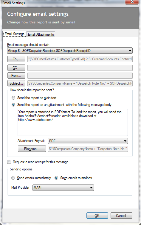 Set up despatch notes to send via email