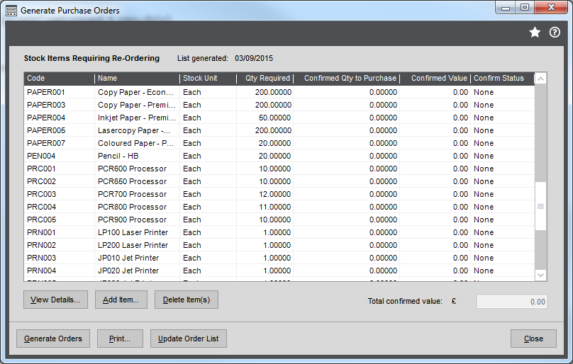 Generate suggested purchase orders